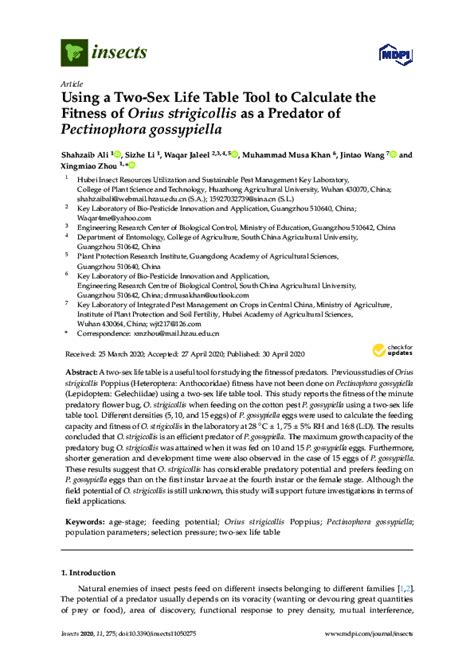 Pdf Using A Two Sex Life Table Tool To Calculate The Fitness Of Orius