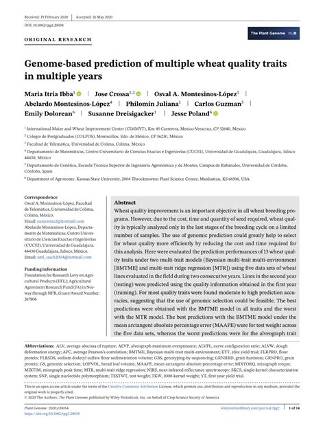 Pdf Genome Based Prediction Of Multiple Wheat Quality Traits In Multiple Years