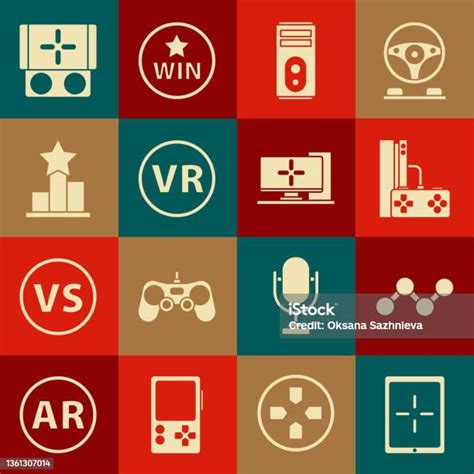 세트 태블릿 공유 조이스틱 컴퓨터 가상 현실 안경 스타 휴대용 비디오 게임 및 모니터 아이콘과 게임 콘솔 벡터 1위에 대한 스톡 벡터 아트 및 기타 이미지 Istock