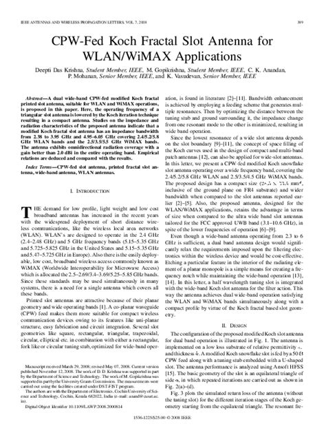 Pdf Cpw Fed Koch Fractal Slot Antenna For Wlanwimax Applications