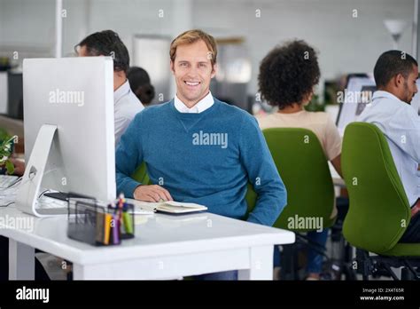 Man Office And Portrait With Smile At Desk With Confidence For