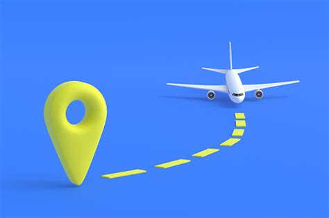Gps의 노란색 마크 근처 비행기 파란색 배경에 지리적 위치 도착 비행기의 출발 글로벌 물류 관광 비행 경로 3d 렌더 3차원 형태에 대한 스톡 사진 및 기타 이미지