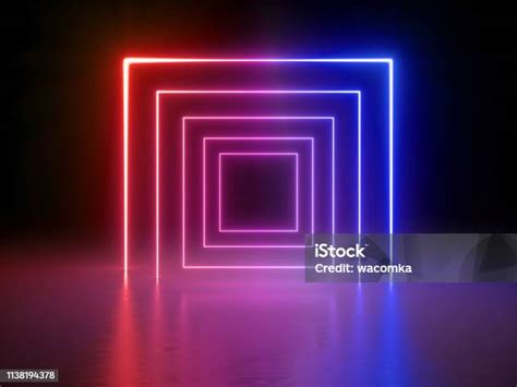 3d 렌더 빛나는 선 터널 네온 불빛 가상 현실 추상적인 배경 사각 포털 아치 레드 블루 스펙트럼 생생한 색상 레이저 쇼 0명에 대한 스톡 사진 및 기타 이미지 Istock