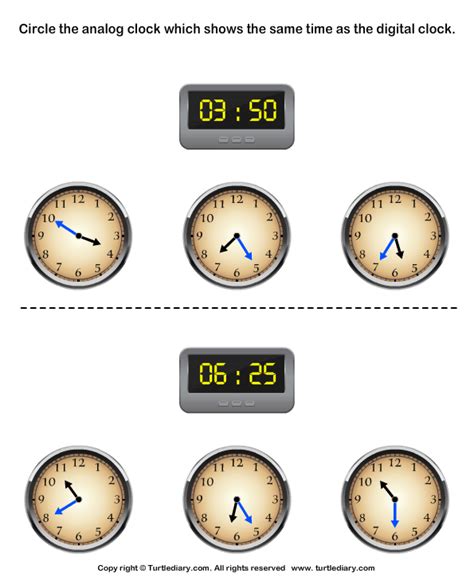 Circle The Digital Clock Matching With Analog Clock Turtle Diary Worksheet