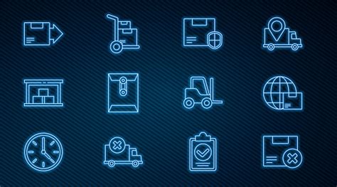 라인 카톤 판지 상자 설정 및 삭제 전세계 배송 방패 봉투 창고 지게차 및 핸드 박스 아이콘으로 배송 보안 벡터 교통에 대한 스톡 벡터 아트 및 기타 이미지 Istock