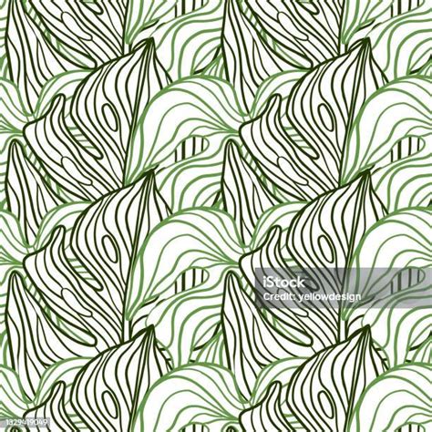 그린 윤곽 큰 몬스터 나뭇잎 장식과 손으로 그려진 매끄러운 패턴 추상 윤곽선 인쇄 꽃 식물에 대한 스톡 벡터 아트 및 기타 이미지 꽃 식물 꽃무늬 낙서 드로잉