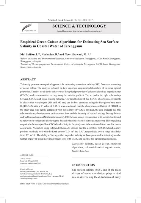 Pdf Empirical Ocean Colour Algorithms For Estimating Sea Surface Salinity In Coastal Water Of