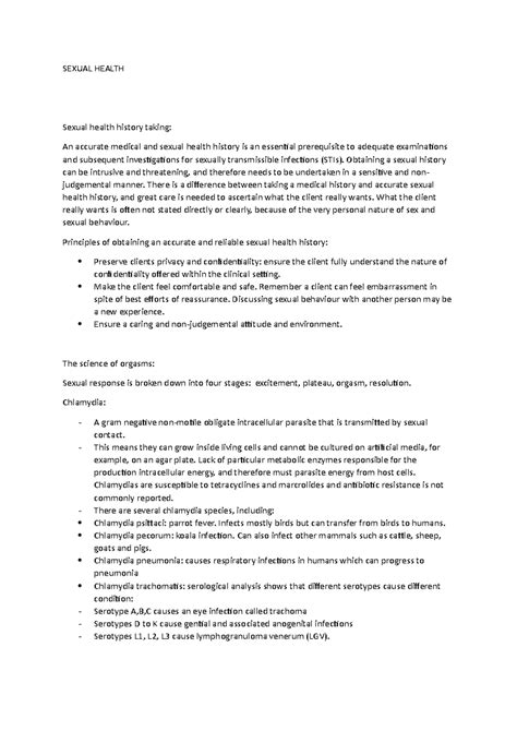 Sexual Health Lecture Notes Sexual Health Sexual Health History Taking An Accurate Medical