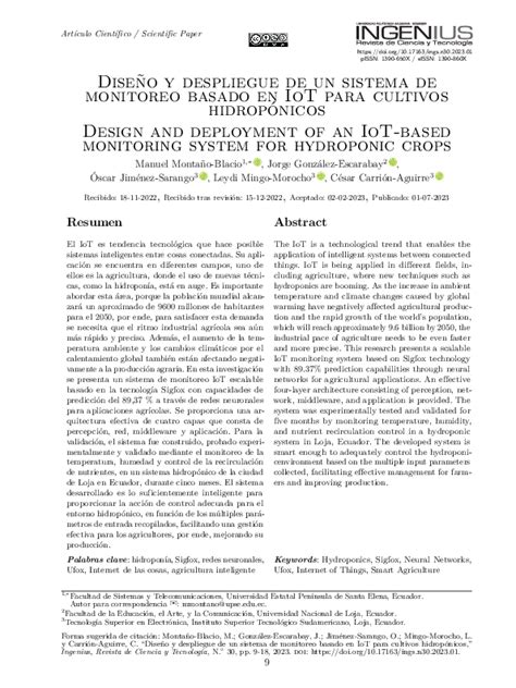 Pdf Diseño Y Despliegue De Un Sistema De Monitoreo Basado En Iot Para Cultivos Hidropónicos