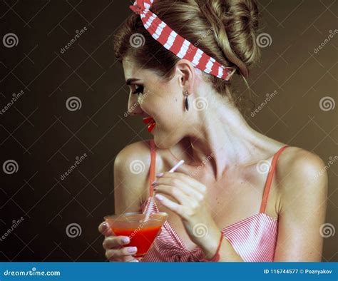 Pin Up Girl Drink Bloody Mary Cocktail Pin Up Retro Female Style Stock