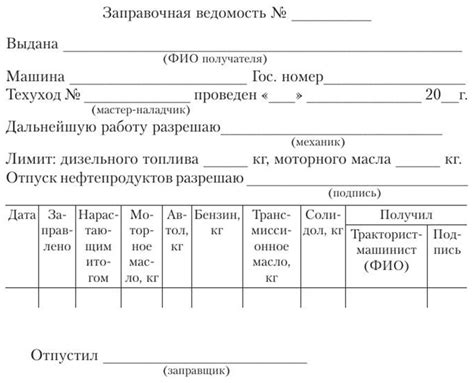 Заправочная ведомость форма № 1 Заправочная ведомость форма № 2