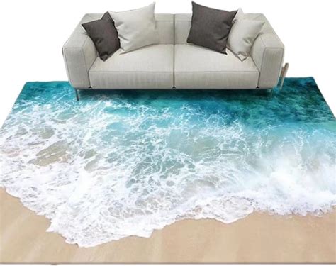 3d Visual Blue Ocean Rug With Beach Design Carpet Large