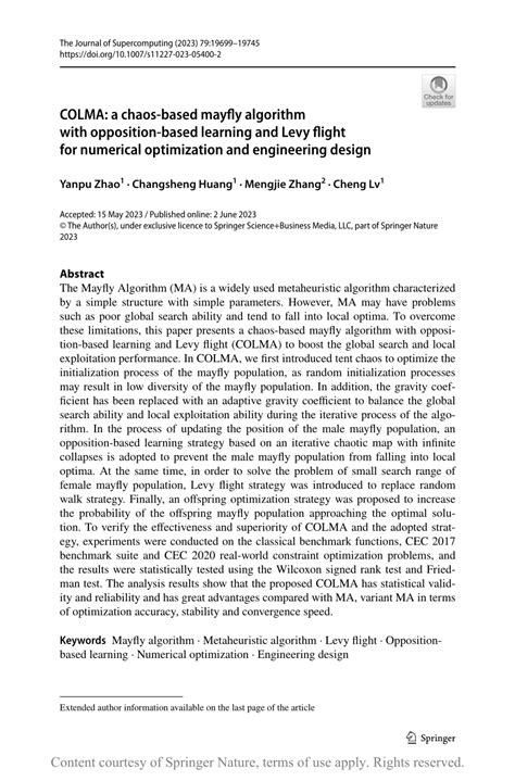 Colma A Chaos Based Mayfly Algorithm With Opposition Based Learning