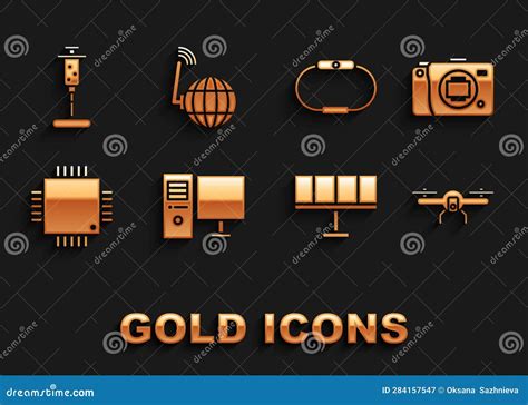 Set Computer Monitor Mirrorless Camera Drone Flying Solar Energy Panel Processor With