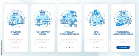 2d Icons Representing Mooc Mobile App Screen Set Walkthrough 5 Steps Blue Graphic Instructions