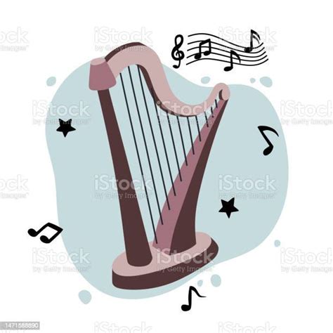 하프와 음악 노트 클래식 현악기 귀여운 평면 만화 스타일 하프 아이콘입니다 벡터 그림 Classical Concert에 대한 스톡 벡터 아트 및 기타 이미지 Istock