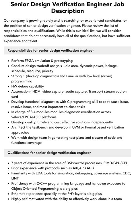 Senior Design Verification Engineer Job Description Velvet Jobs