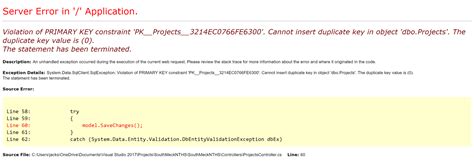 C Updating Database Returns Primary Key Error Asp Net Mvc Stack Overflow
