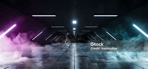 연기 안개 공상 과학 Fi 미래 추상 보라색 블루 네온 Led 레이저 외계인 우주선 반사 콘크리트 어두운 빈 화이트 빛나는 Led 조명 터널 복도 홀 룸 3d 렌더링 0명에