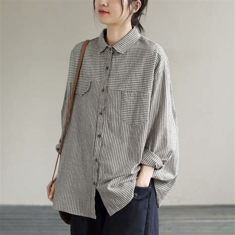 여성용 긴팔 루즈한 캐주얼 셔츠 턴다운 칼라 코튼 리넨 스트라이프 블라우스 여성용 상의 예술 스타일 2022 봄 신상 Aliexpress