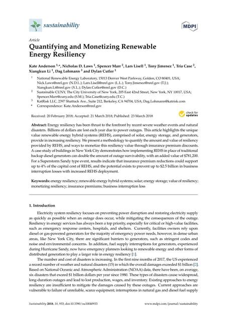 Quantifying And Monetizing Renewable Energy Resiliency Pdf