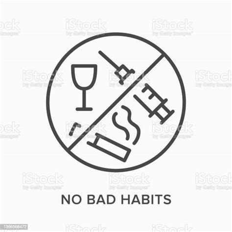 나쁜 습관 플랫 라인 아이콘없습니다 약물 알코올 및 흡연 금지의 벡터 개요 그림 중독을 위한 블랙 씬 선형 픽토그램 건강관리와 의술에 대한 스톡 벡터 아트 및 기타 이미지
