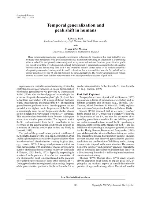 Pdf Temporal Generalization And Peak Shift In Humans