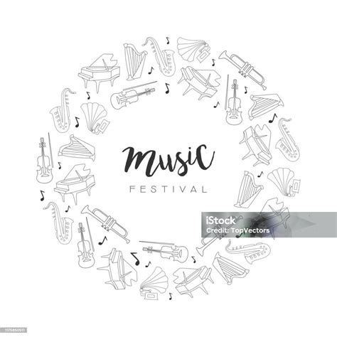 음악 축제 라운드 프레임 손으로 그린 악기 테두리 템플릿 클래식 음악 라이브 콘서트 벡터 일러스트 고전 양식에 대한 스톡 벡터 아트 및 기타 이미지 Istock