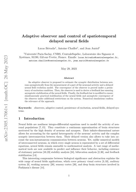 PDF Adaptive Observer And Control Of Spatiotemporal Delayed Neural Fields