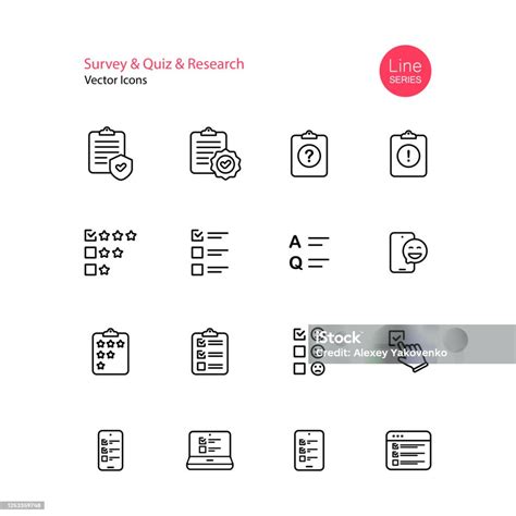 설문조사 퀴즈 연구 라인 아이콘 세트입니다 체크리스트 퀴즈 감정의견 스타 리뷰 등급 설문지 평가 투표 격리된 흰색 배경의 벡터입니다 Eps 10 Brand Name