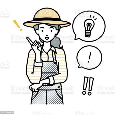 포인팅 핸드 제스처 전구와 느낌표 기호 세트와 함께 서 좋은 아이디어를 받고 농부 여자 가리키기에 대한 스톡 벡터 아트 및 기타