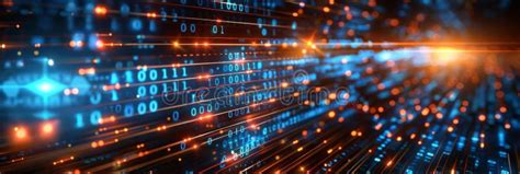 experience digital data streams with light trails and binary code in a