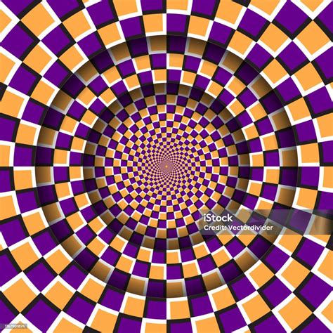 움직이는 오렌지 색 보라색 체크 무늬가있는 추상적 인 둥근 프레임 착시 최면 배경입니다 강렬하고 밝은 색상에 대한 스톡 벡터 아트 및 기타 이미지 강렬하고 밝은 색상