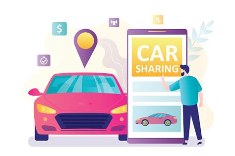 카셰어링 애플리케이션이 적용된 스마트폰 잘 생긴 남자 클라이언트는 휴대 전화를 사용합니다 위치 표지판이 있는 차량 온라인 대여 또는 공유 서비스 차량 대여에 대한 스톡 벡터