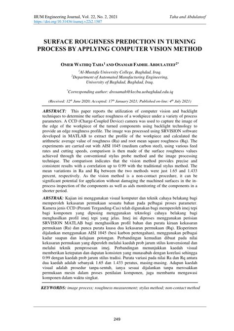 Pdf Surface Roughness Prediction In Turning Process By Applying Computer Vision Method