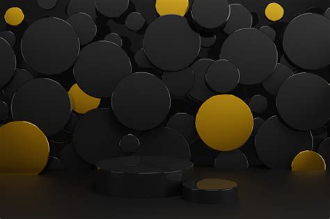 두 개의 검은 광택 플라스틱 연단 모형 무대 프리젠 테이션 블랙 프라이데이 새해 화장품 상품 광고 블랙 골드 서클 장식 템플릿 3d 일러스트 풍부하고 우아한 장면 3차원