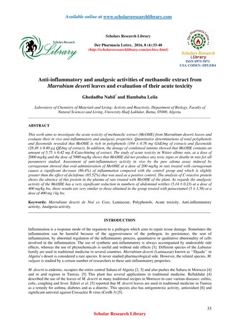 Pdf Anti Inflammatory And Analgesic Activities Of Methanolic Extract