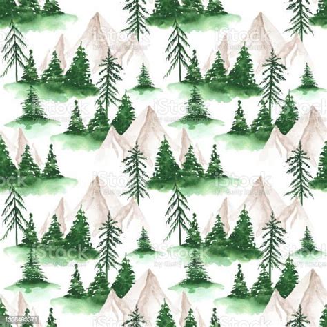 흰색 배경에 풍경 원활한 패턴 소나무 그리고 산 끝 없는 인쇄 수채화 숲 벽지 녹색 나무 그리고 봉우리 배경 포장지 등을 위한 자연 디자인 0명에 대한 스톡 벡터 아트 및