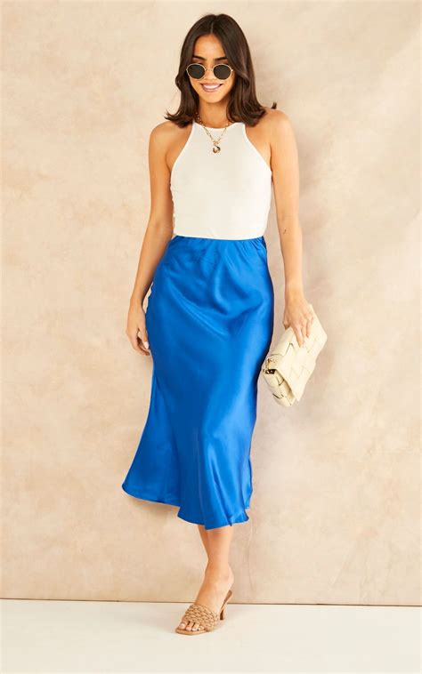 Cobalt Blue Satin Bias Cut Midi Skirt Gini London Silkfred Satin Skirt Outfit Blue Skirt