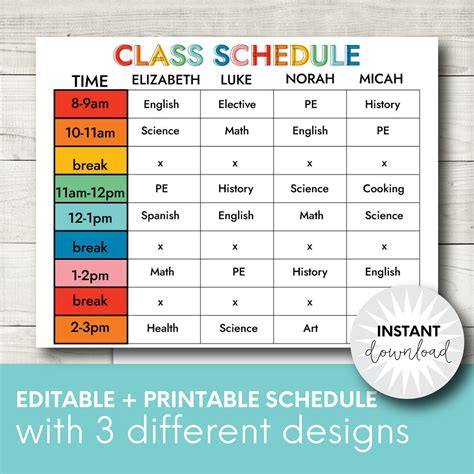 Elementary Class Schedule Template