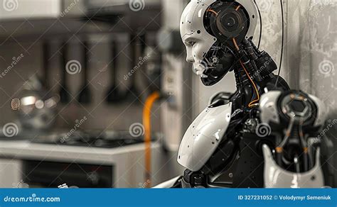 Advanced Humanoid Android Robot Working At A Computer In A Modern