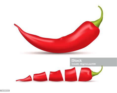현실적인 상세한 3d 전체 레드 핫 칠리 페 퍼 그리고 슬라이스 세트 벡터 고추류에 대한 스톡 벡터 아트 및 기타 이미지 고추류 입체 이미지 개념 Istock