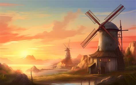 Premium Ai Image A Windmill In A Landscape With A Sunset In The Background