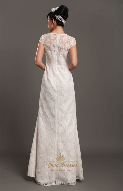 Ivory Lace V Neck Empire Waist Cap Sleeves Wedding Dresses Flower Belt