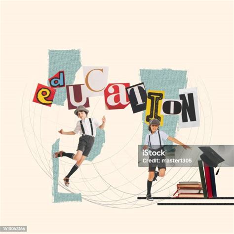 행복한 아이들과 현대 콜라주 잡지 스타일의 글자를 잘라 밝은 배경에 고립 된 학생 어린 시절 교육 공부 학교 개념으로 돌아 가기