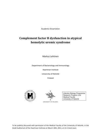 Methods Complement Factor H Dysfunction In Atypical Hemolytic Uremic Syndrome