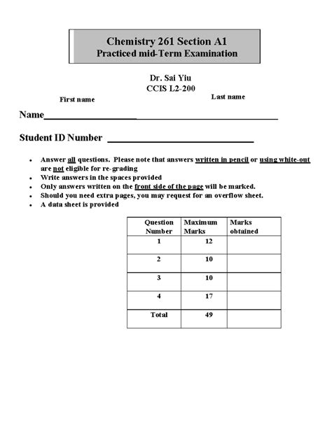 Midterm 2019 Questions And Answers Chemistry 261 Section A Practiced
