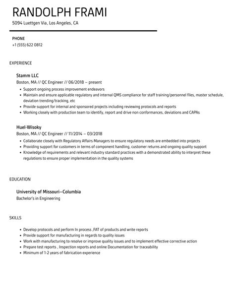 QC Engineer Resume Samples Velvet Jobs