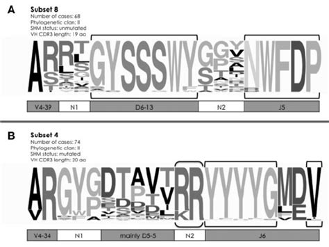 Two Types Of Subset Defining Vh Cdr3 Sequence Patterns A Mainly