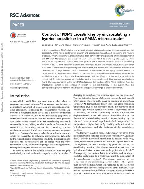 Pdf Control Of Pdms Crosslinking By Encapsulating A Hydride